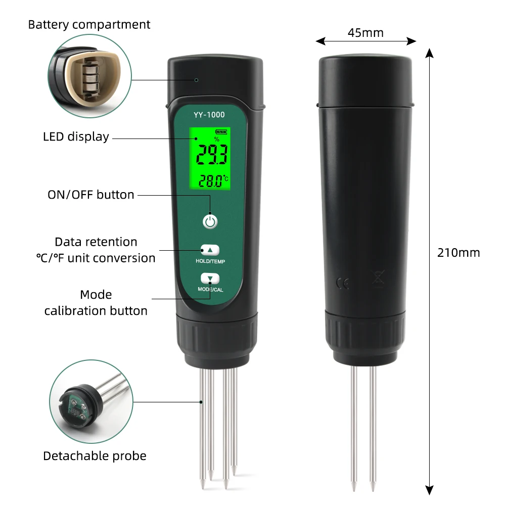 YY-1000 3 in 1 Soil EC Temperature Meter for Potted Gardening