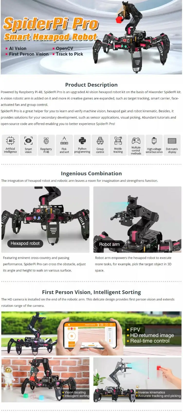 Hiwonder SpiderPi Pro六足机器人，配有由覆盆子Pi 4B 4GB STEM教育设备驱动的人工智能视觉机械臂 ...