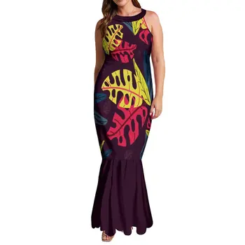 High Quality Custom Pacific Island Dress Pattern Milk Silk Maroon ...