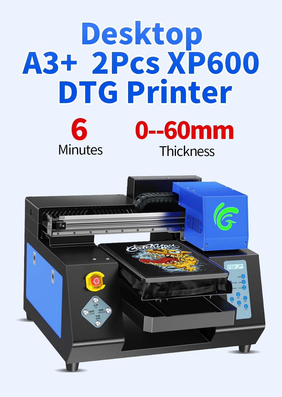 A3 Desktop DTG Printer with Dual XP600 Heads for T-Shirt Printing Machine