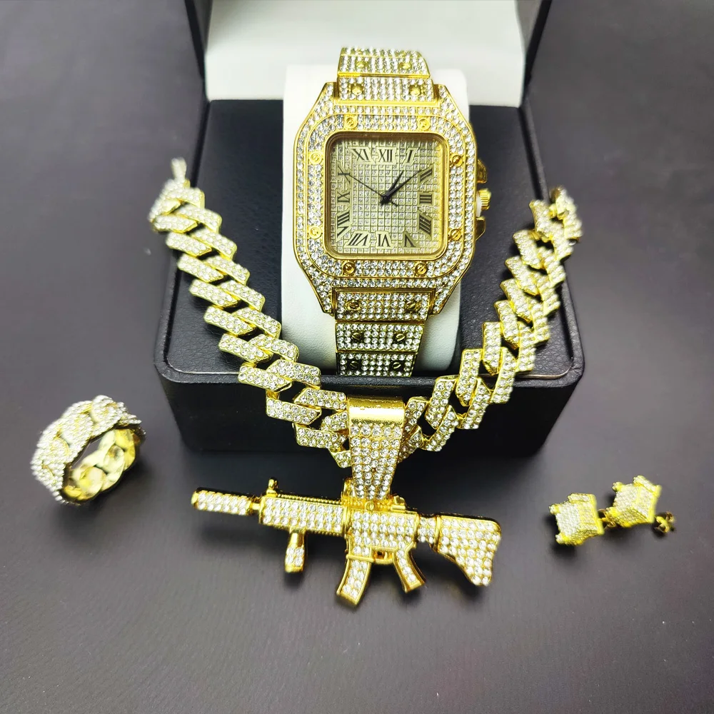 Iced Out Watches - Cuban Link Chain Bracelet Set for Men