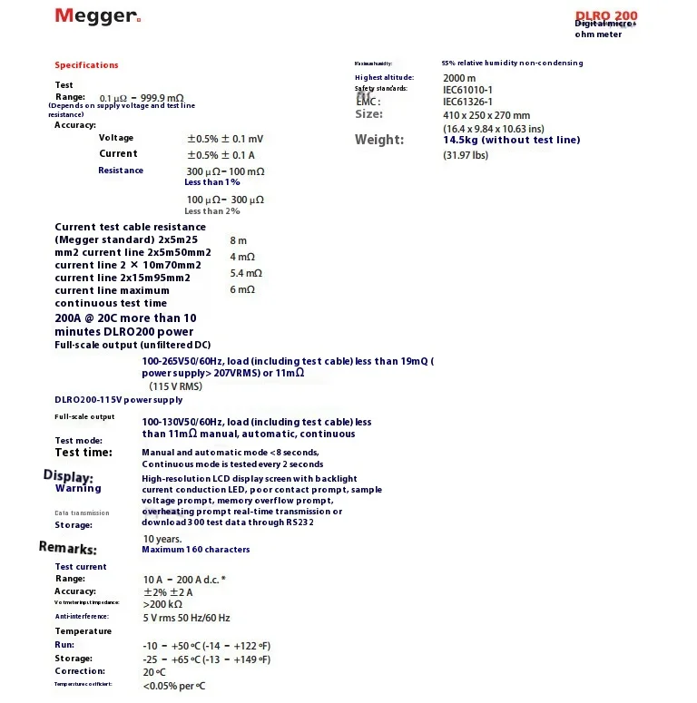 MEGGER DLRO200 Digital Micro-Ohm Meter Low Resistance Tester Electronic ...
