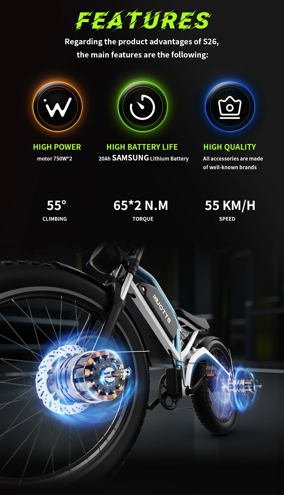 DUOTTS N26 2024 Electric Bike - 48V 20AH Dual Motor Power