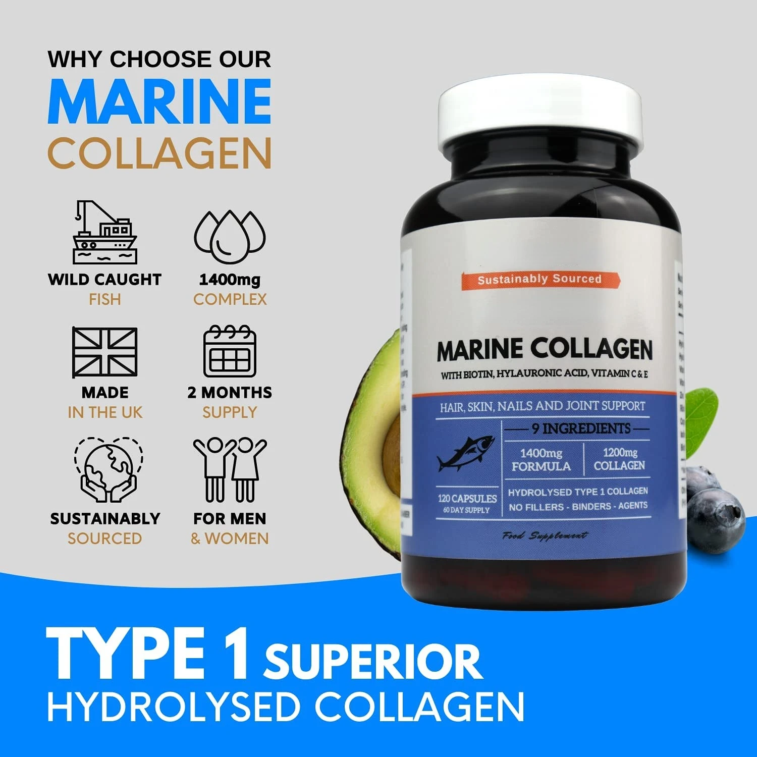 Marine Collagen 1400mg Capsules with Biotin Hyaluronic Acid Vitamin C E ...