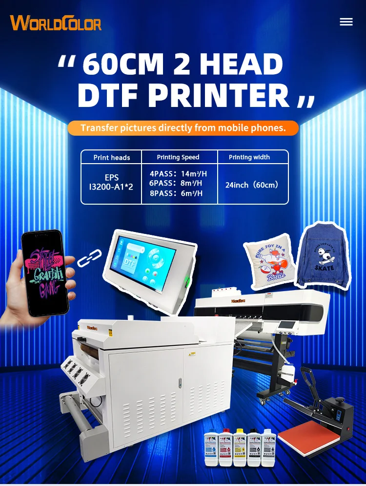 WorldColor 60cm DTF Printer 2*I3200A1 Pigment Ink Digital Printer with WIFI Mobile No Need ...