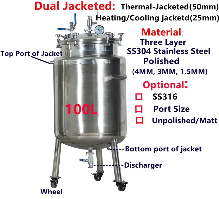 Heat Exchanger Jacketed Reactor Biomass Stainless Steel 100l Chemical ...