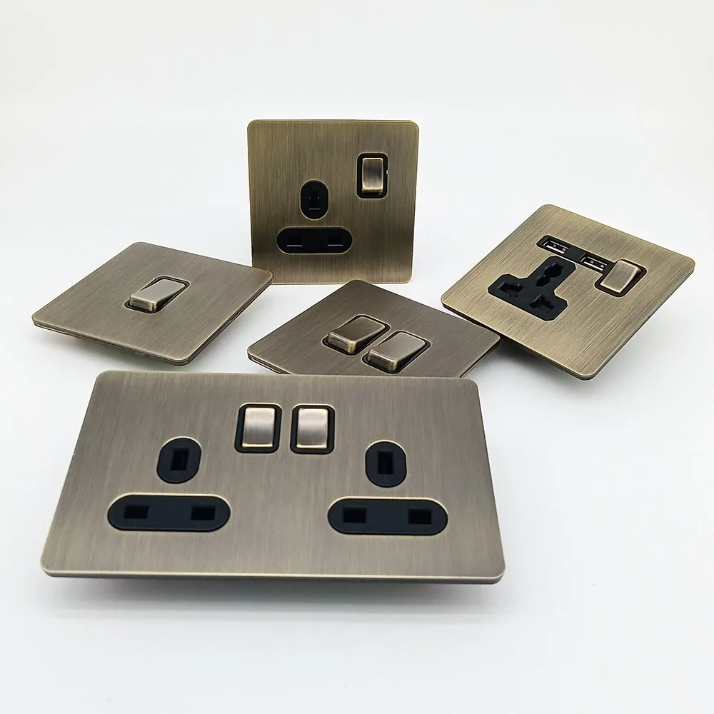 Gold UK Socket Brass Double Socket 2 USB With ON/OFF Switch Stainless ...