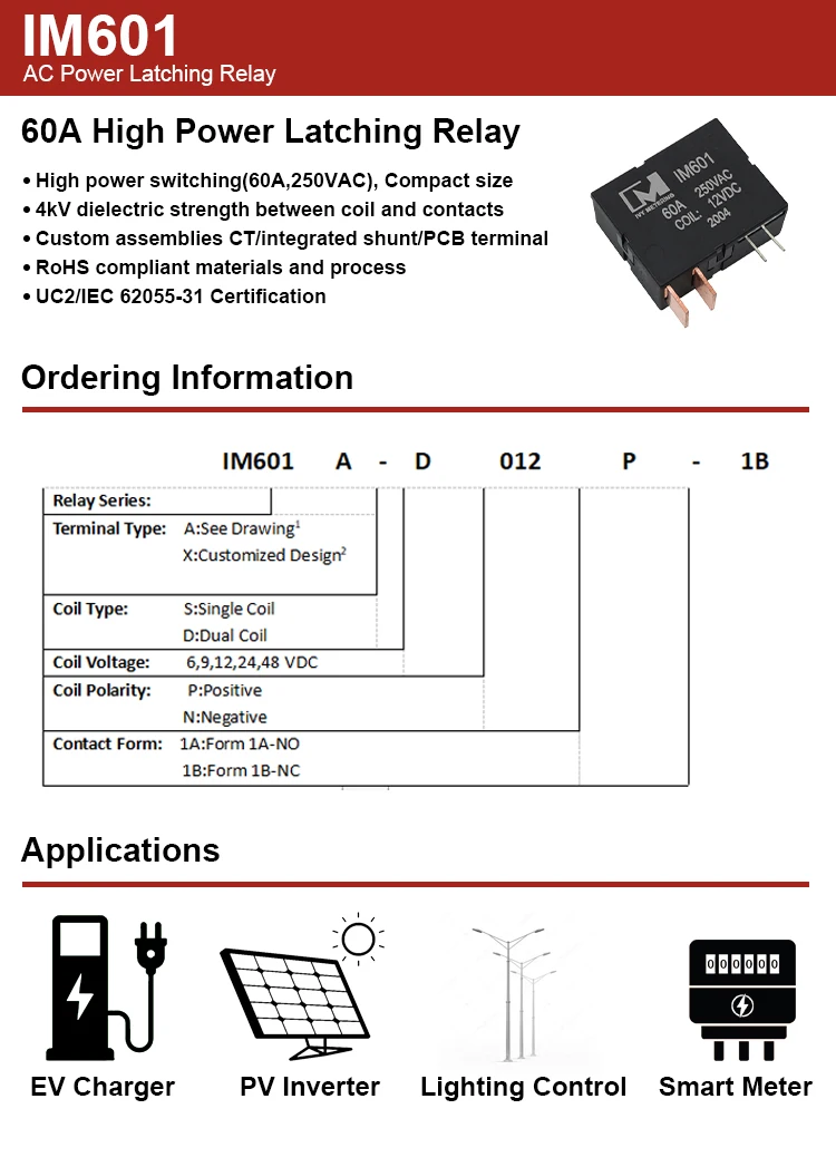 IVY IM601 Magnetic Latching Relay - 60A, 250VAC, Dual Coil