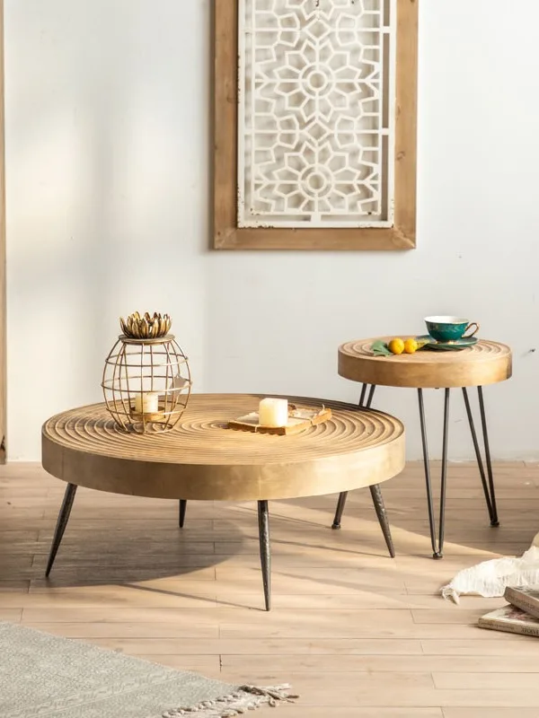 Minimalist Portable Round Side Tea Desk Set Mdf Frame Wooden Top Living ...