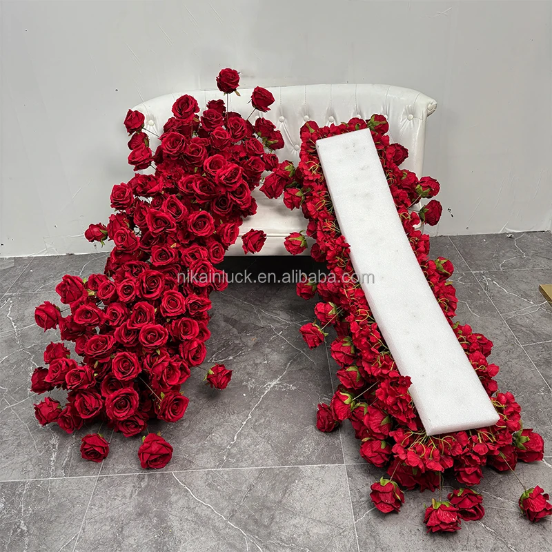 NIKA Custom 100cm Red Flower Row Artificial Silk Rose Flower Runner for ...