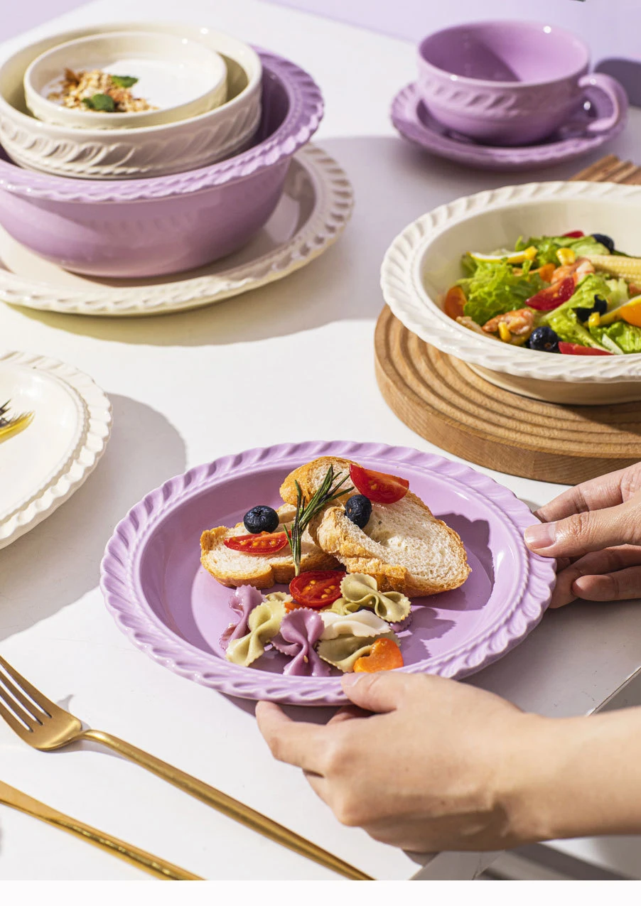 French Style Purple Dinnerware Set Embossed Plates and Bowls Ceramic ...