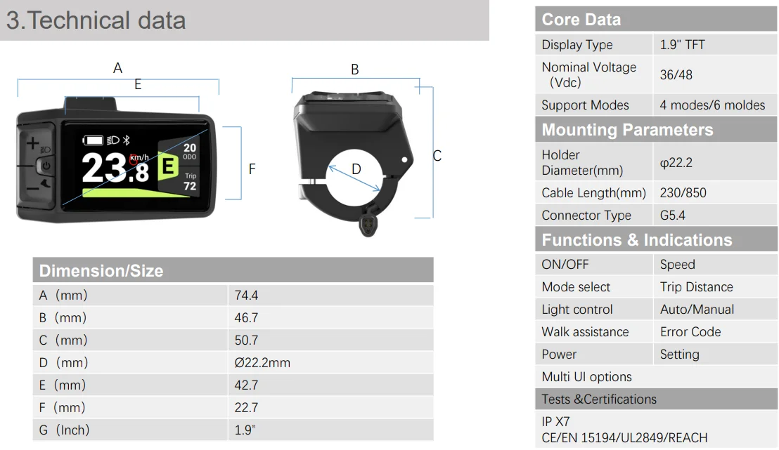 Bafang DPC080 Bluetooth Display for Can Version Motor - TFT Screen, 4/6 ...