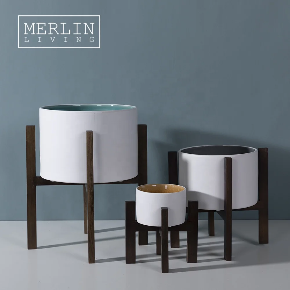 Merlin Living Modern Matte White indoor Ceramic flower pot wooden stand ...