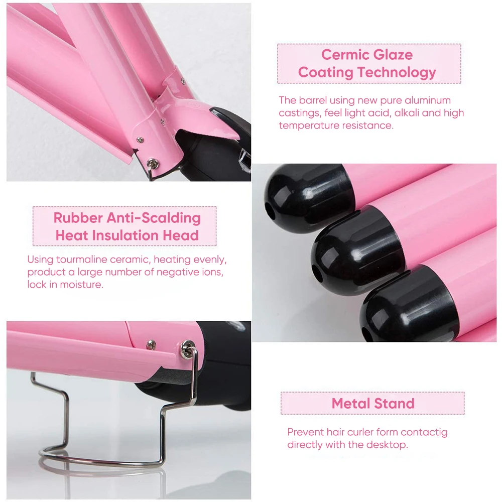 3 Barrel Curler Mathine Custom 2 in 1 Electric Pink Deep Wave