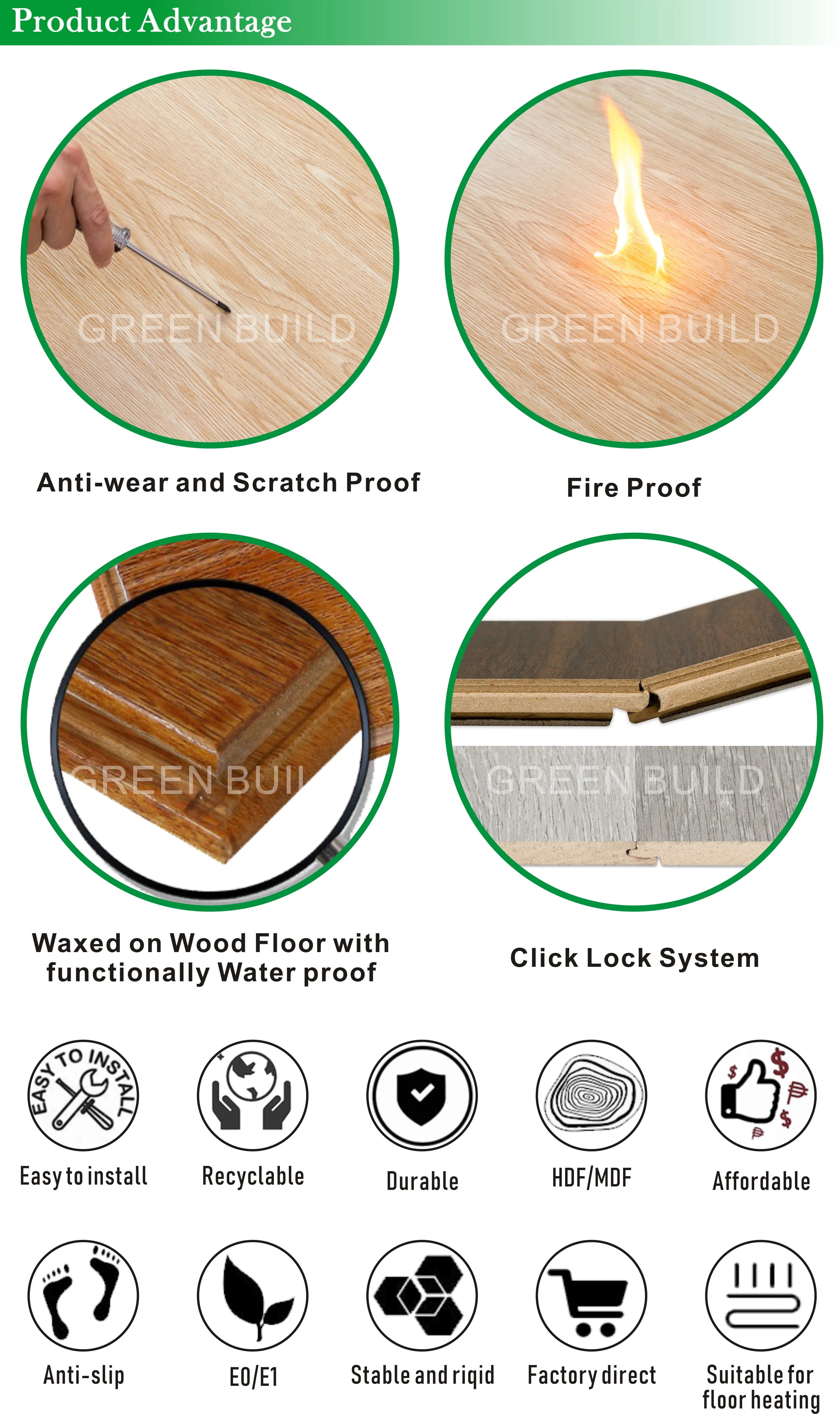 12mm Thick Antique Non Slip HDF Fireproof Laminate Flooring