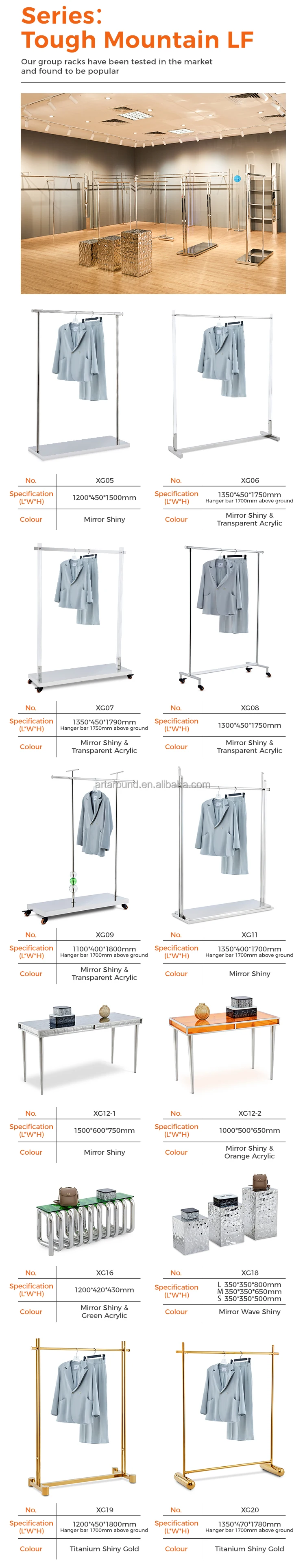 Retail Clothes Rack Stainless Steel Golden Shiny Apparel Showroom ...