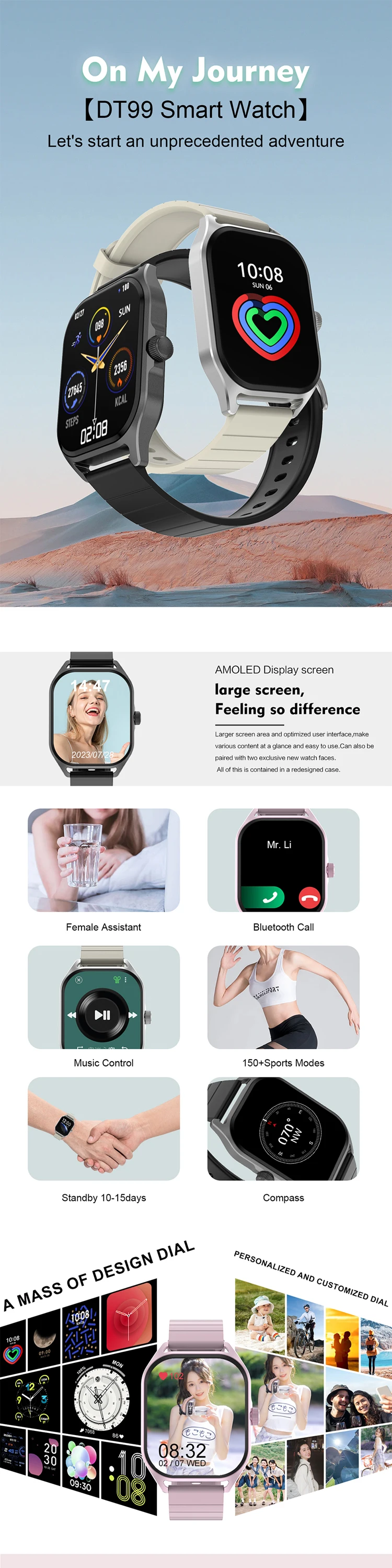 New Dt99 Smart Watch,2.04inch 368*448 Amoled Screen Bt Call Compass ...