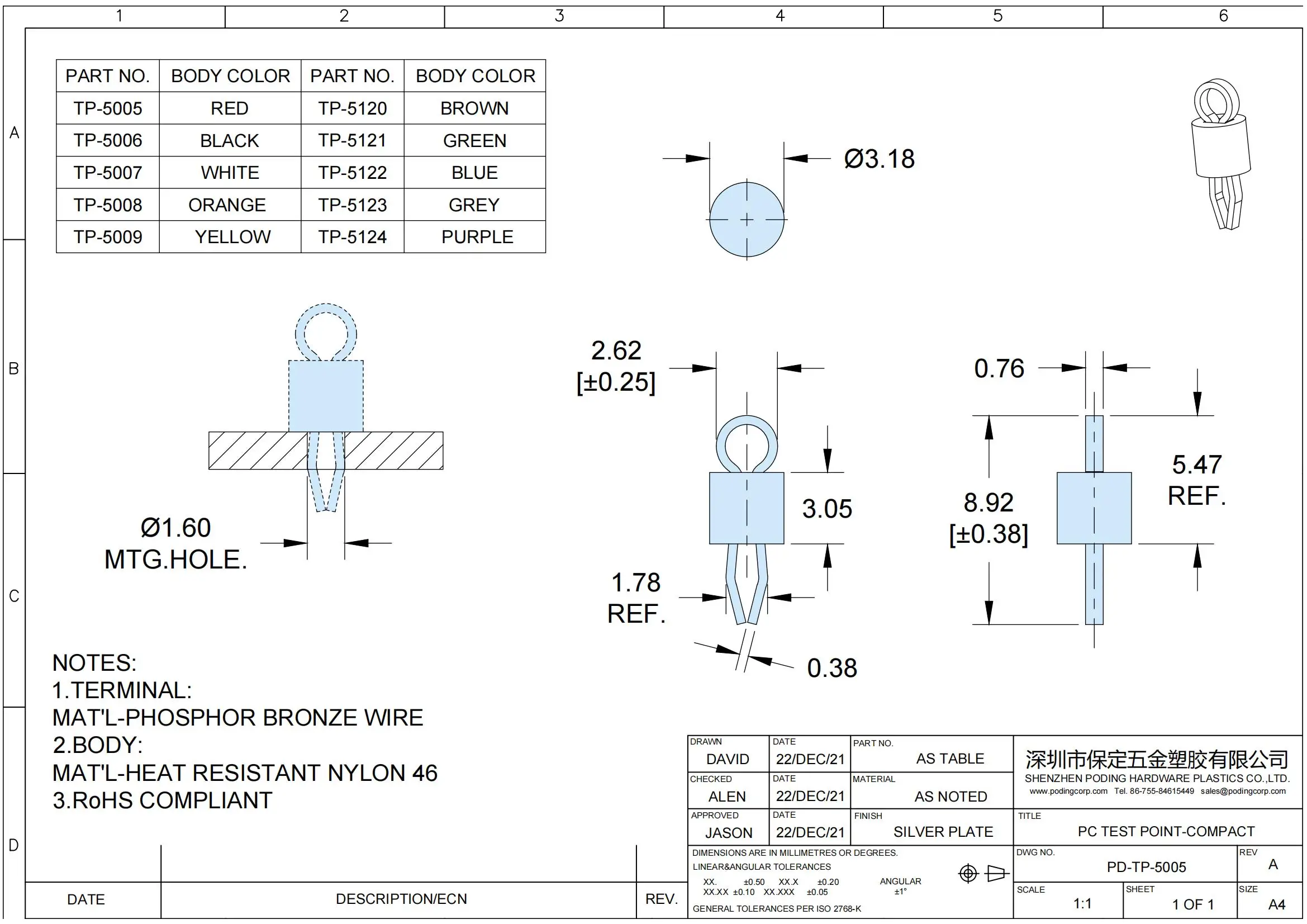White Compact THM Test Point PCB Test Points 5007