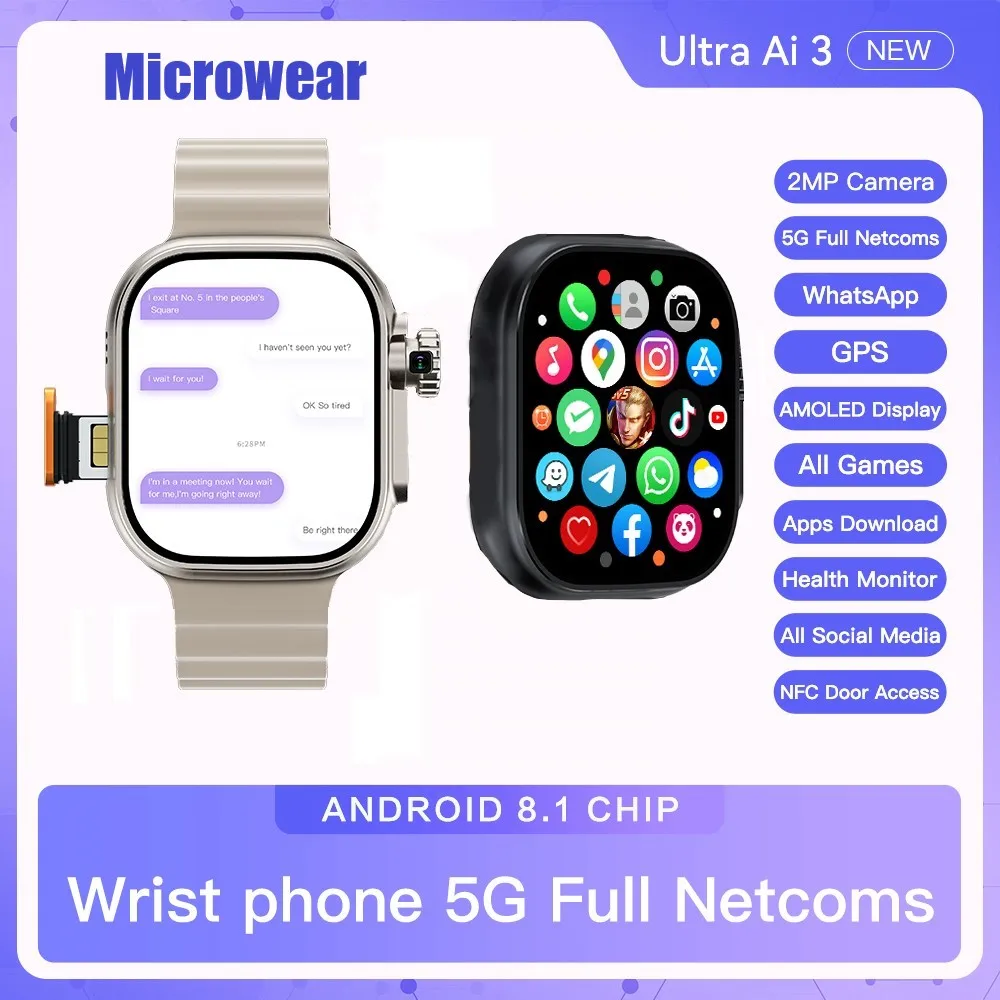 Ultra AI3 Smartwatch with 4G/5G SIM, Android, GPS, and AMOLED Display ...