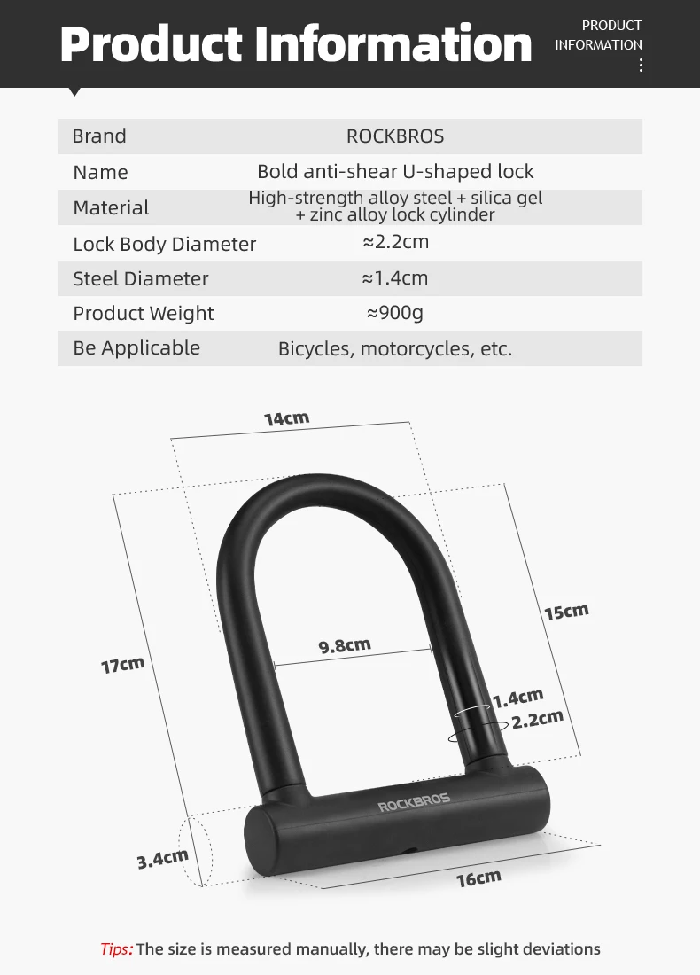 ROCKBROS Long Safety Anti Shear Combination Mini MTB Bike U Lock Smart ...