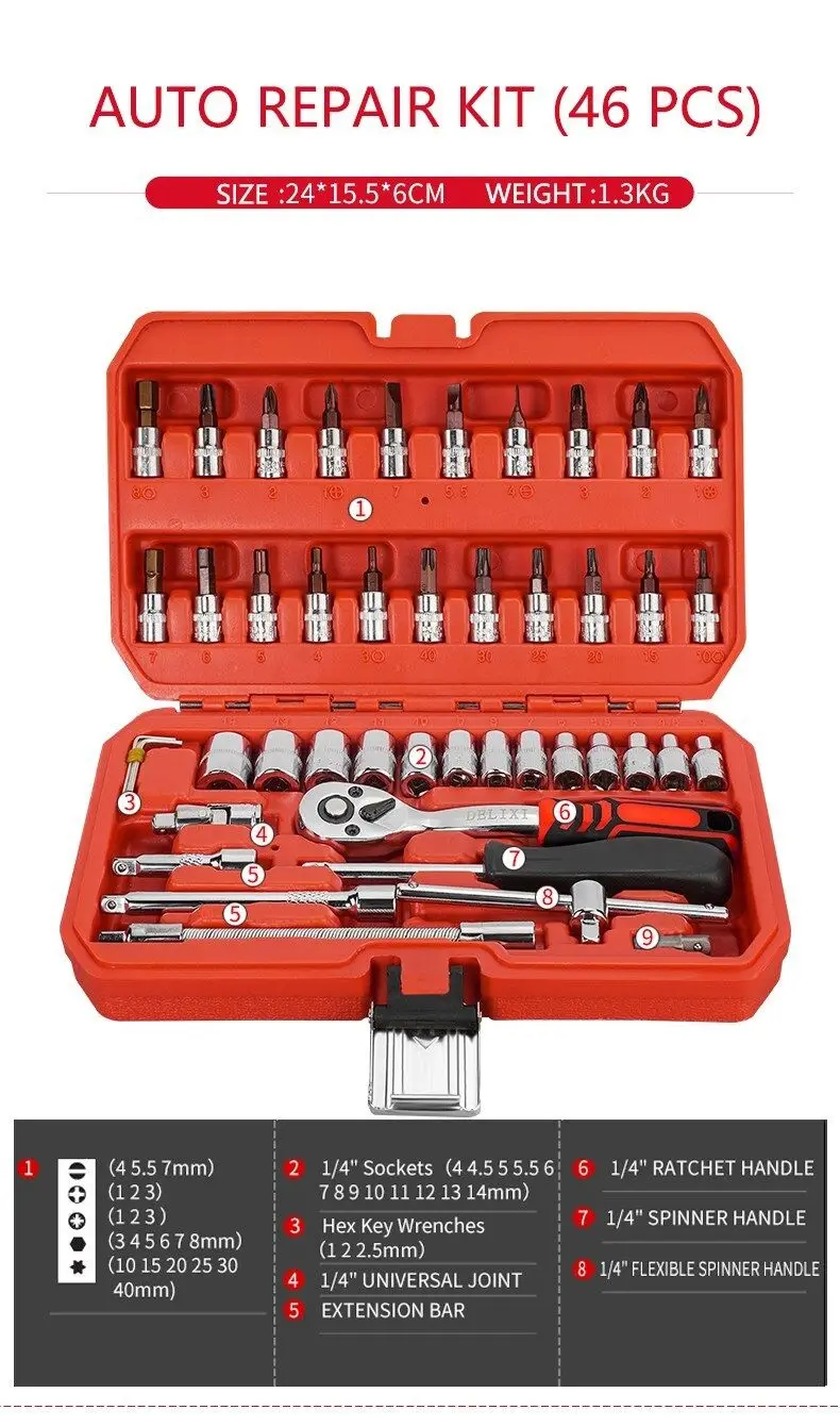Auto Repair Tools 46 Pieces Ratchet Torque Wrench Combination Tool Kit ...