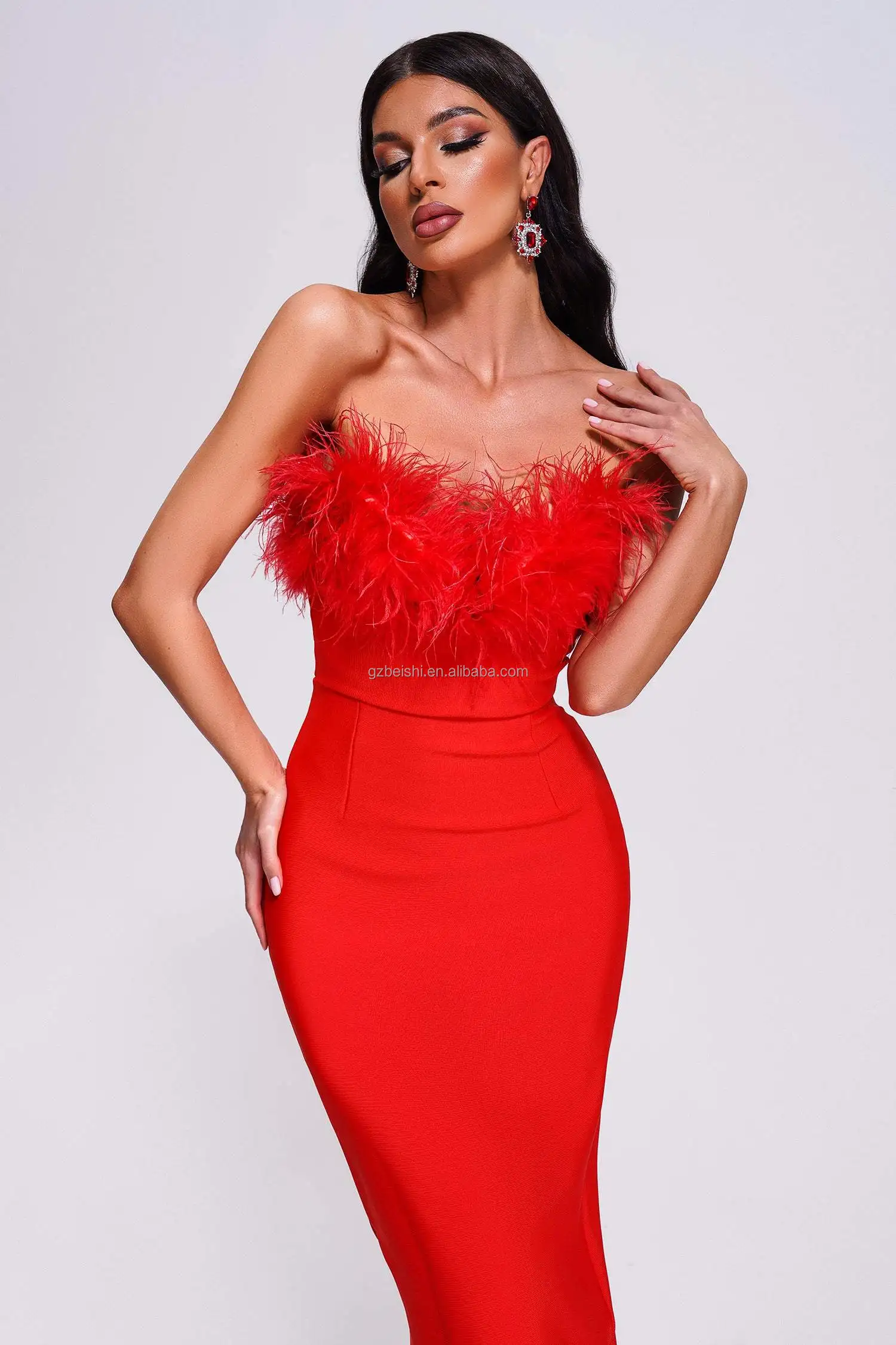 BEISHI Strapless off Shoulder Feather Red Maxi Dress