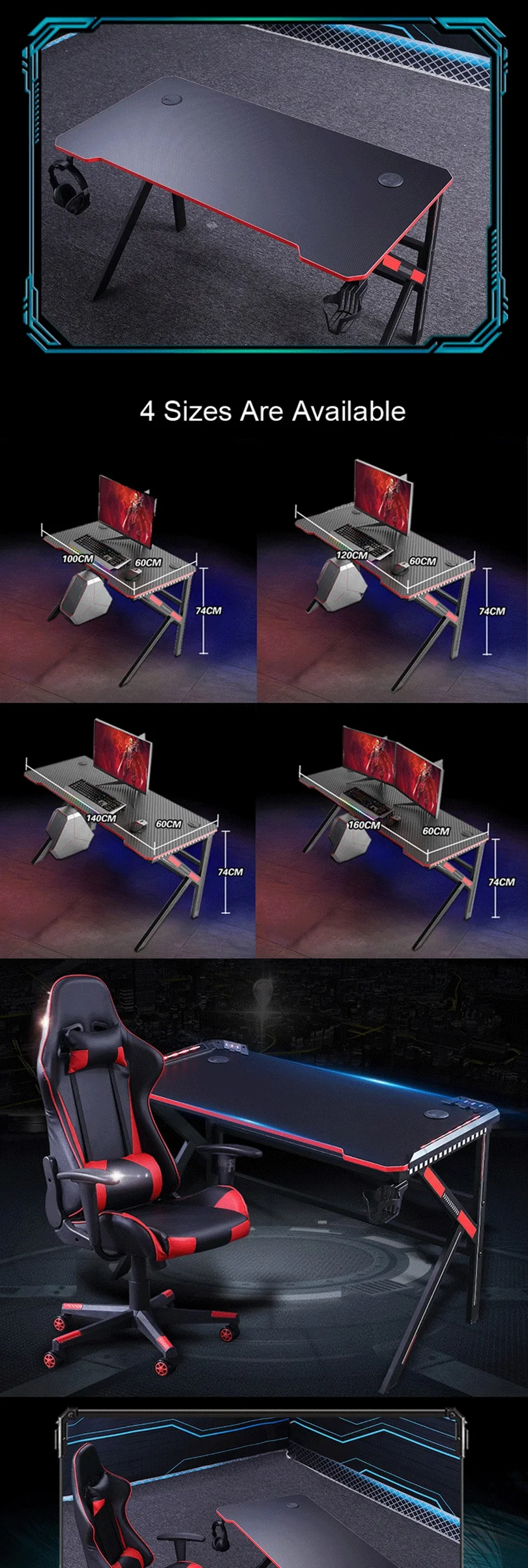 Custom Large Computer Racing RGB Light Gamer Table Set