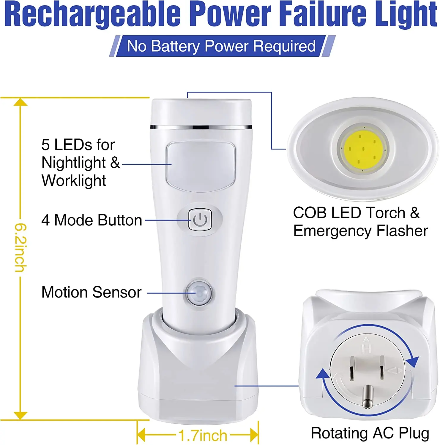 Rechargeable Led Night Light With Motion Sensor & 4 In 1 Emergency Function