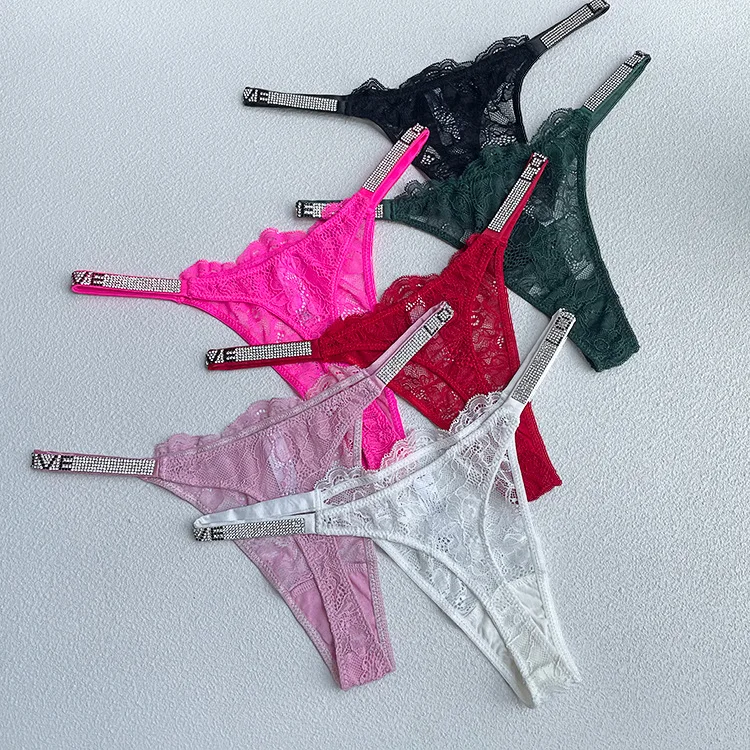 Sexy Women Underwear Rhinestone Letter Thongs Lace Transparent T Back ...