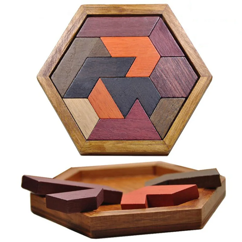 Hexagon Wooden Puzzle Wood Russian Blocks Tangram Puzzle Brain Teaser ...