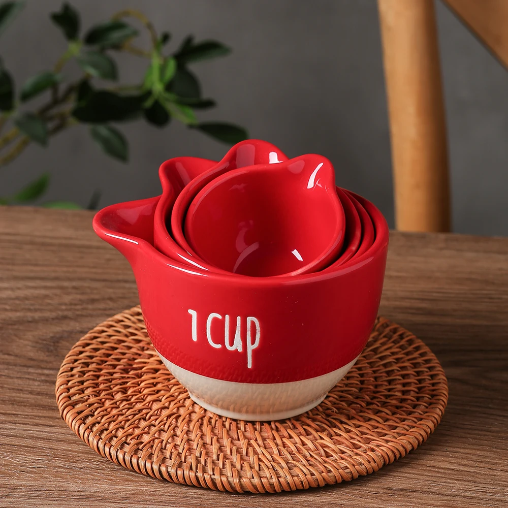 Custom Porcelain Red Baking Gadgets Sets Of 4 Measuring Tools Ceramic ...