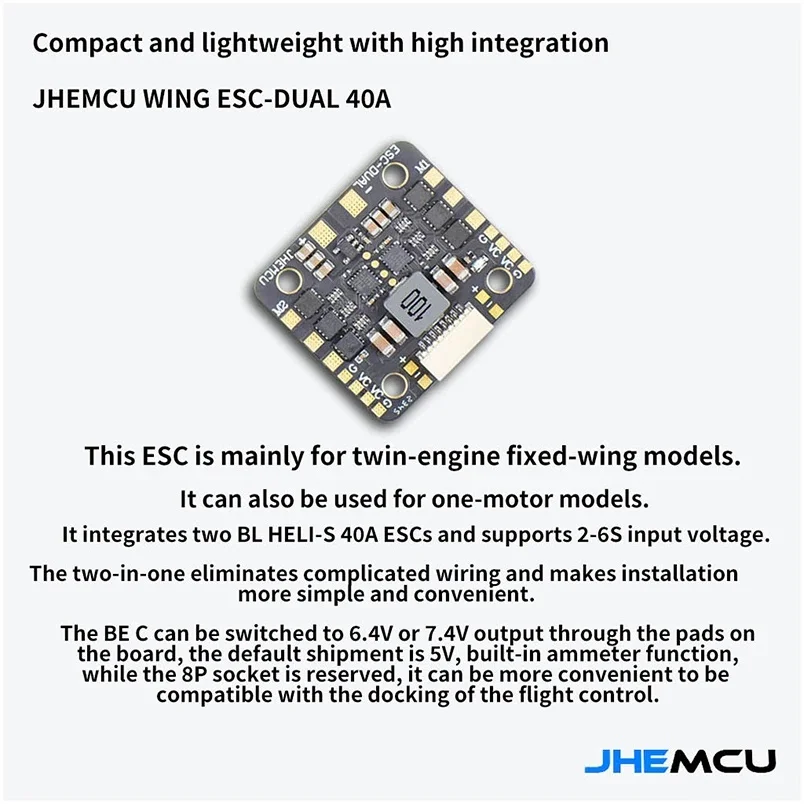 Jhemcu Wing Esc-dual 40a Blheli_s 2in1 40a Esc Built-in 5v Bec Current Meter 20x20mm 2-6s Lipo ...