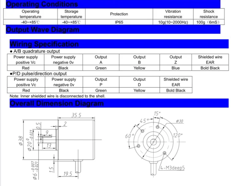 38mm Angle Position Sensor Incremental Encoder 512ppr Voltage Output ...
