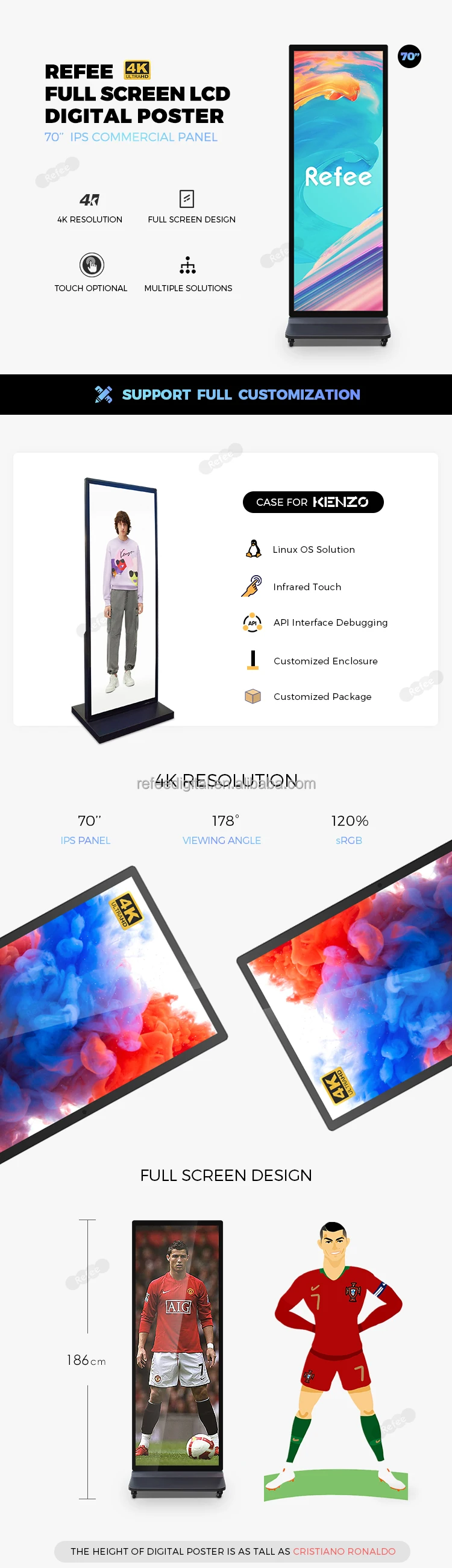 70 Inch Full Screen Movable Poster Wifi Advertising 4K Display