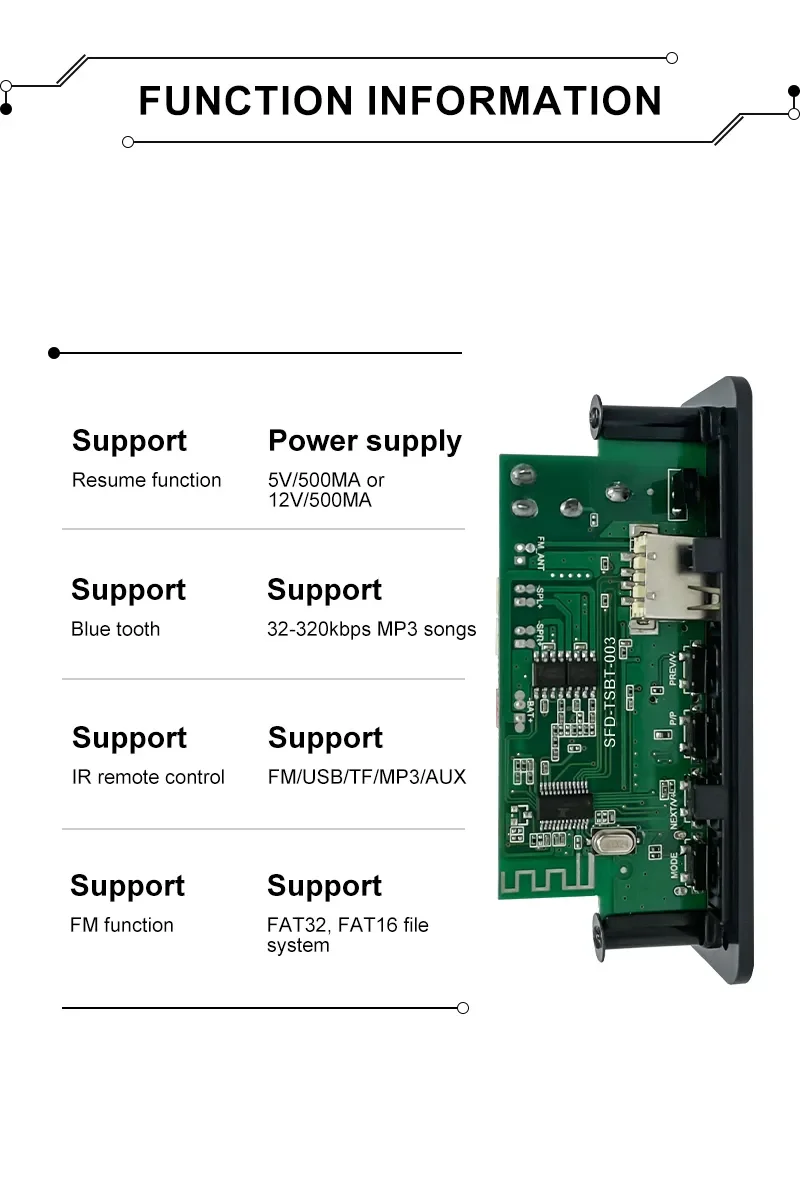 5V MP3 Decoding Board with Bluetooth - 2*3W to 2*5W Amplifier