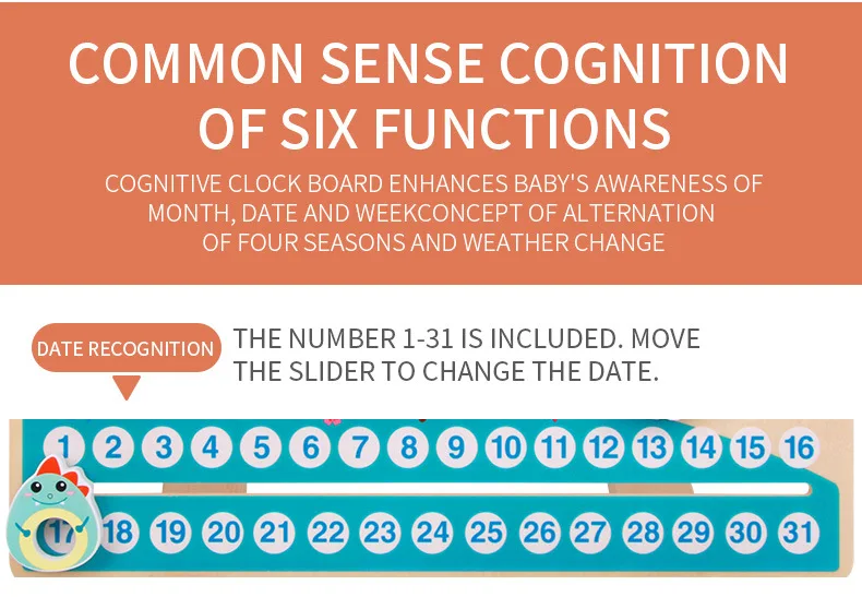 Montessori Educational Dinosaur Clock Board Wooden Children's Teaching ...