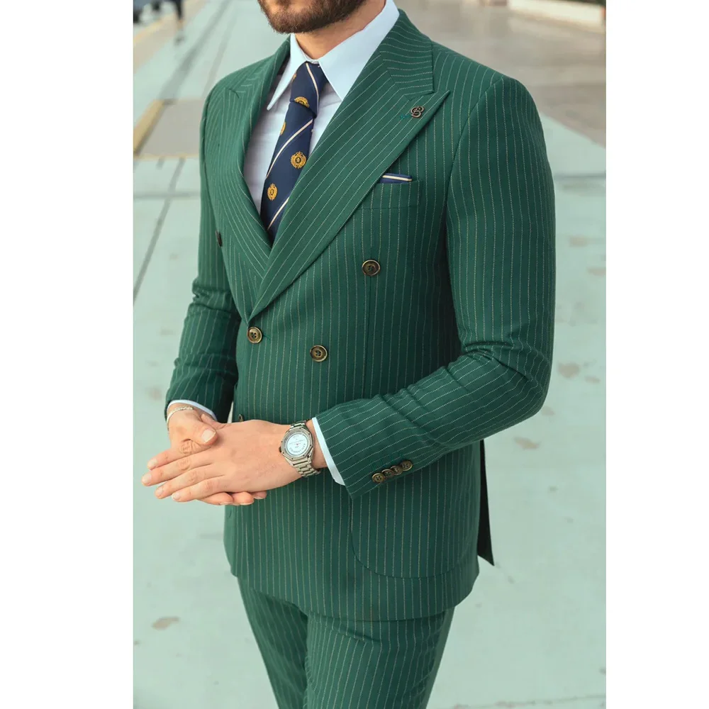 Luxury Green Pinstripe Men Suits Double Breasted Back Vent Peaked Lapel Blazer Formal 2 Piece ...