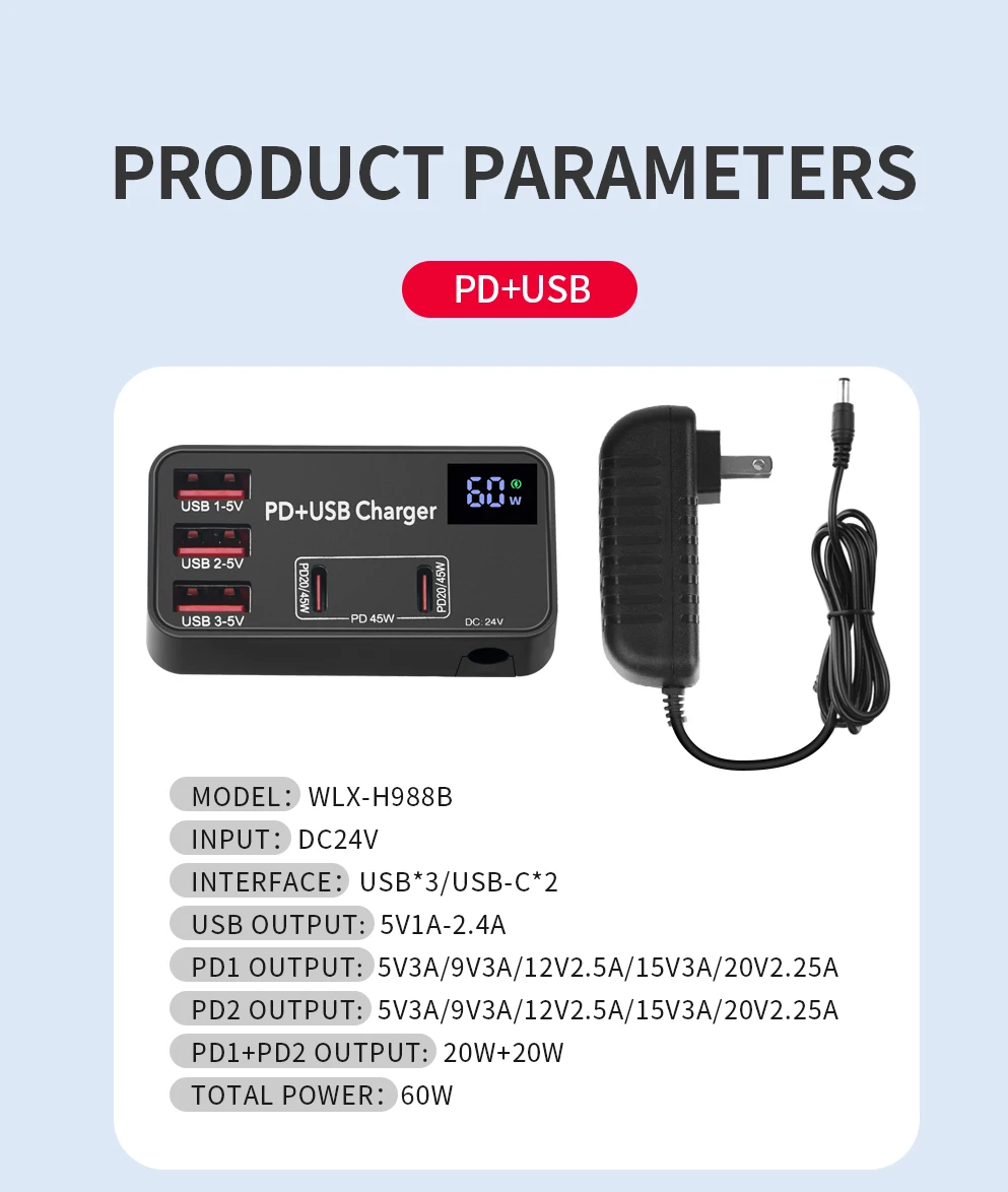 Usb Charger Led Display Universal Phone Desktop Eu Us Uk Plug 60w Pd ...