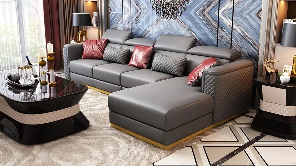 Italian Luxury Corner Sofa Light Solid Wood Frame Genuine Leather ...