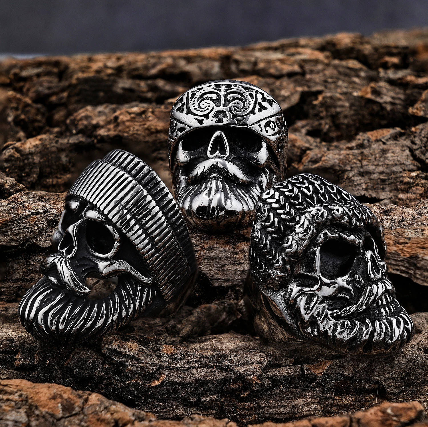 Leimisi Mens Stainless Steel Gangster Big Beard Skull Rings