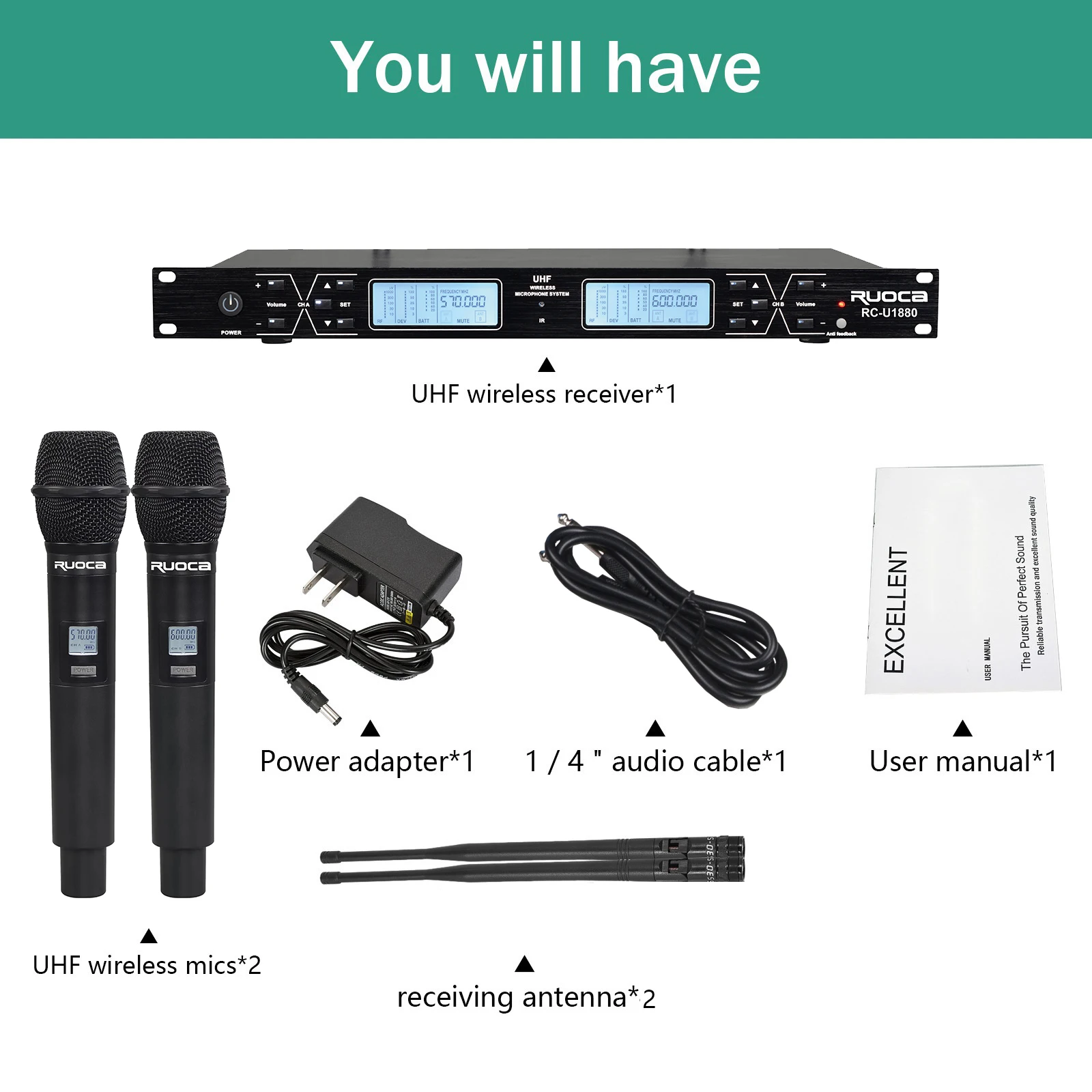 RUOCA RC-U1880 Anti Feedback Microphone - Dual UHF Cordless