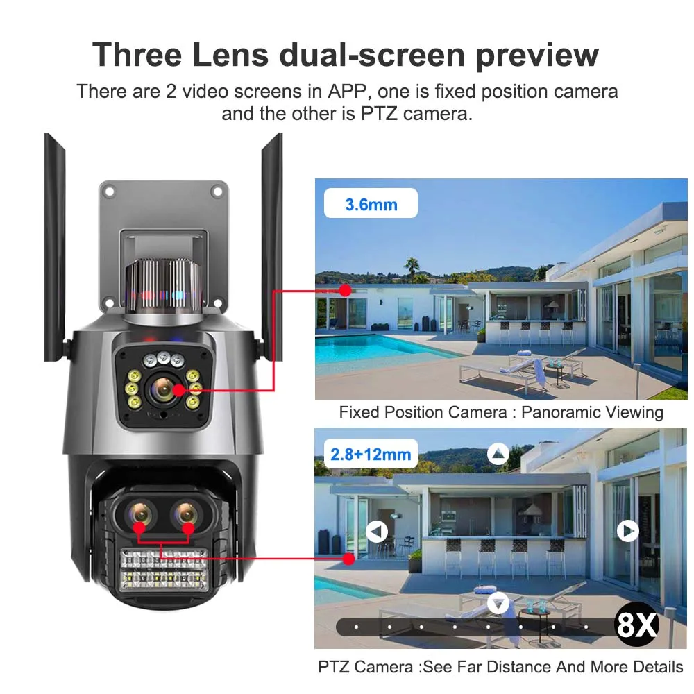 9MP 4K Three Lens Dual Screen IP CCTV Camera - Outdoor Security