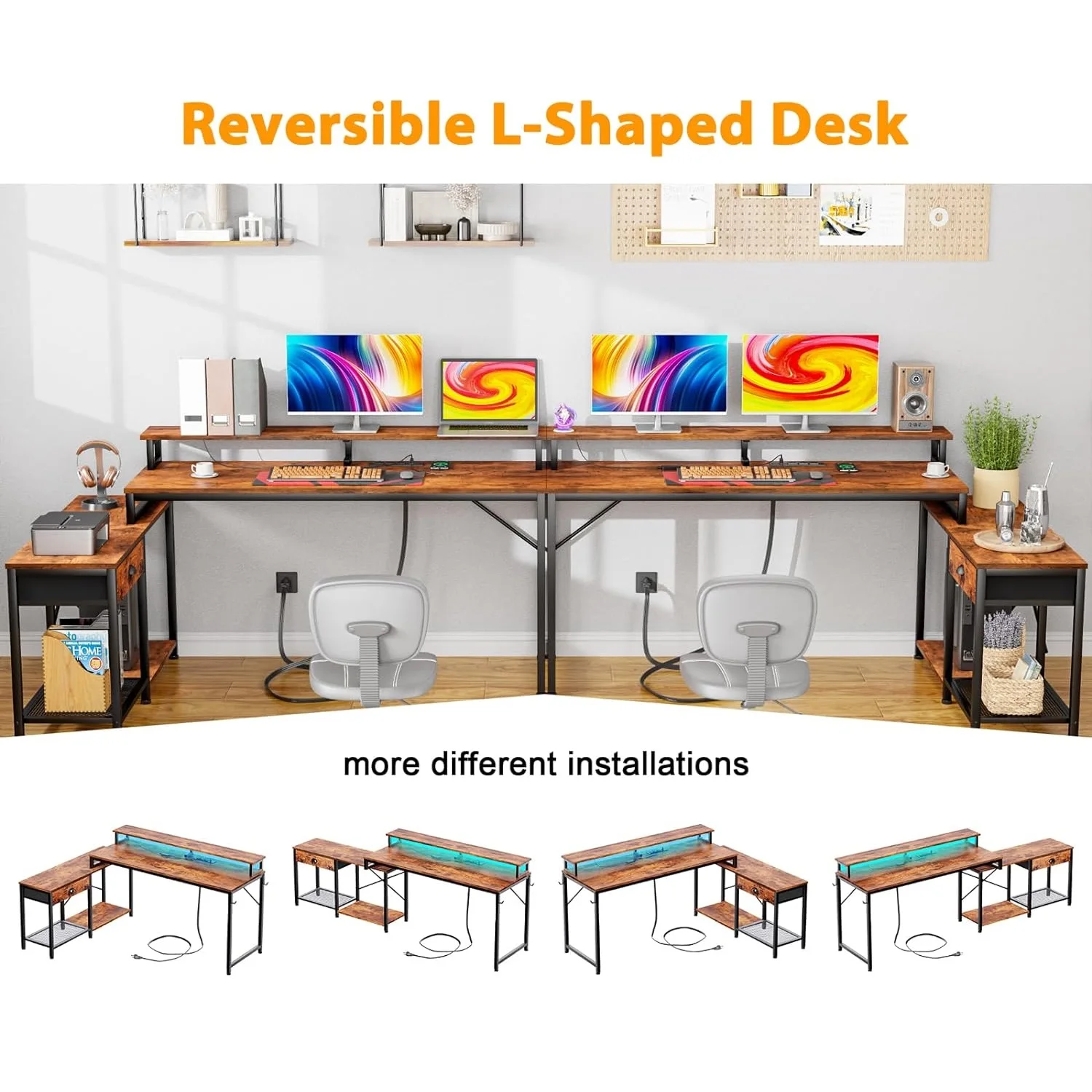 L Shaped Computer Desk With Drawer,Long Desk With Led Lights & Power ...