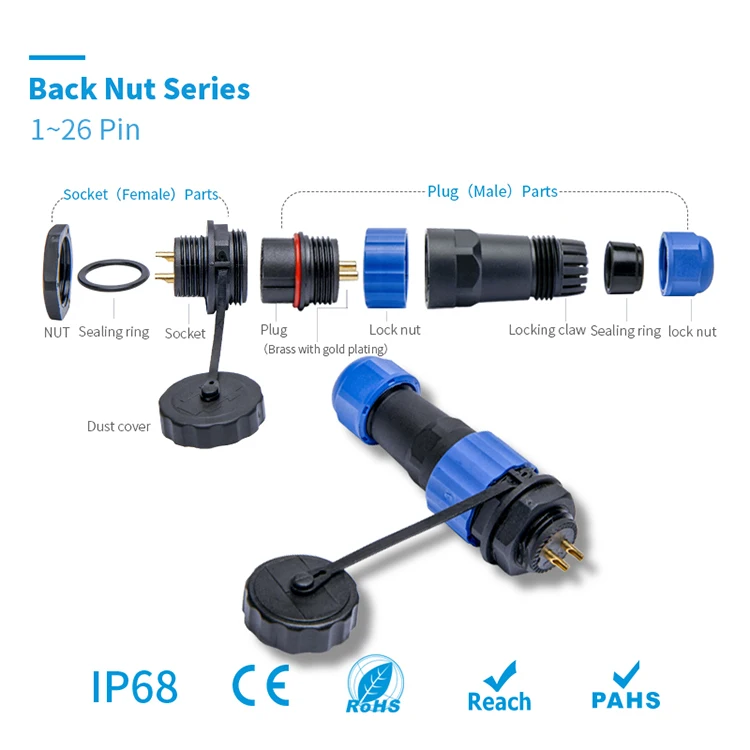 High Quality Male Female Back Nut IP68 Panel Mount Connectors