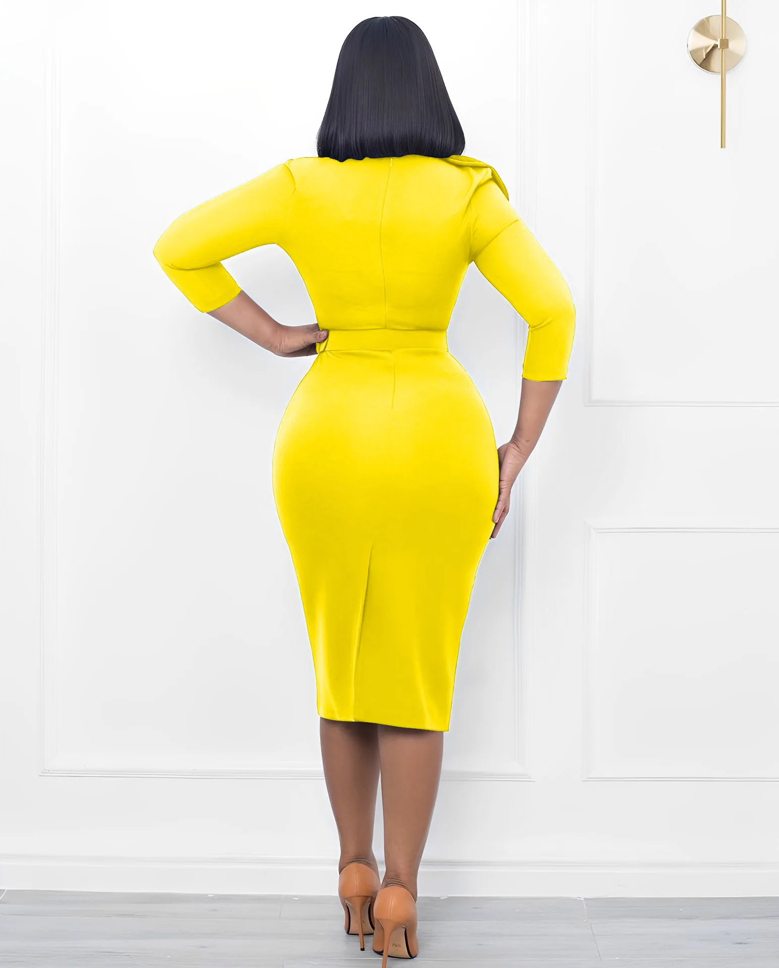 Q090 Office Dresses - Formal, Three Quarter Sleeve V Collar