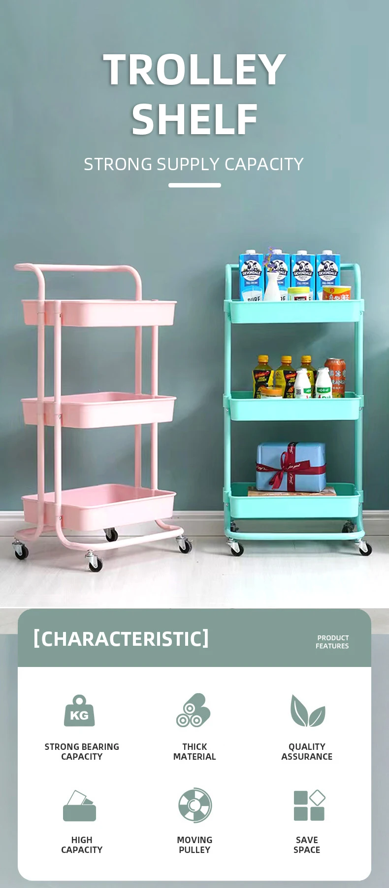 3 Storey Rolling Storage Utility Trolley - Organize Kitchen