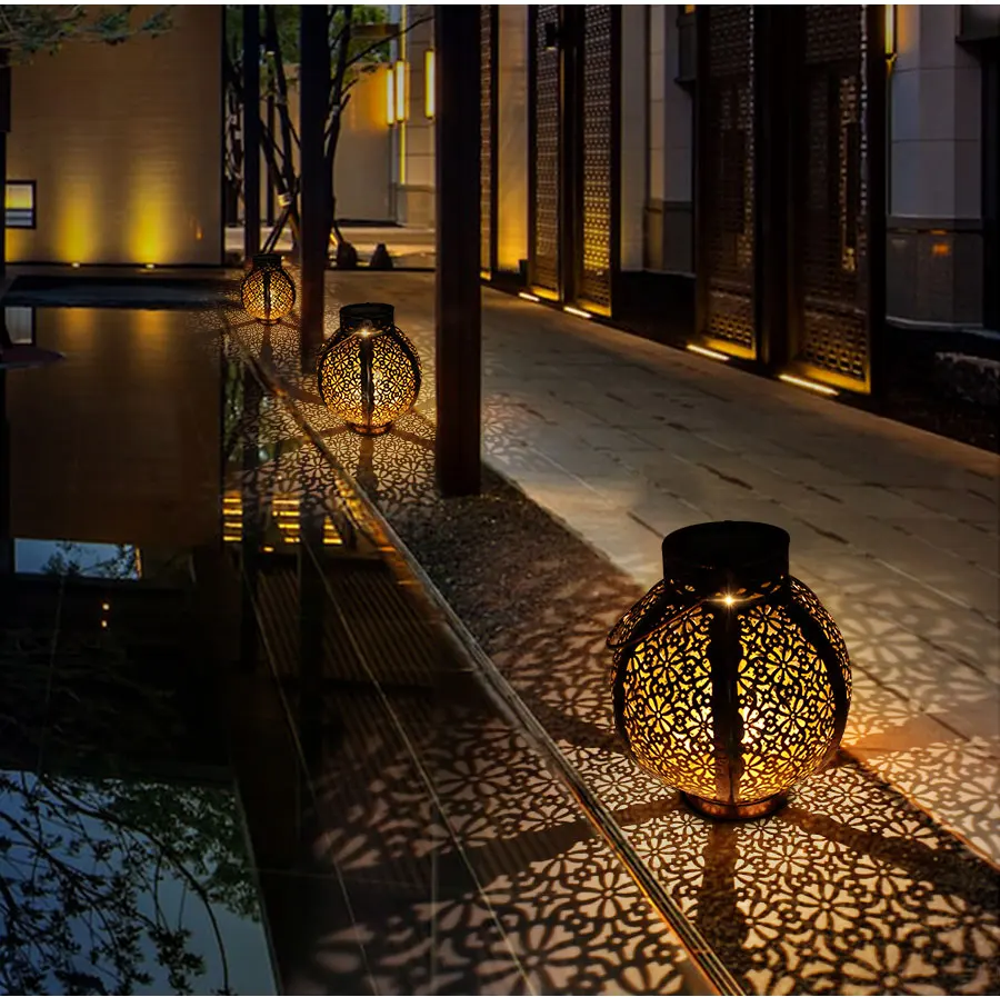 Hanko Hanging Solar Lantern Retro Hollow Solar Light Outdoor Decorative ...