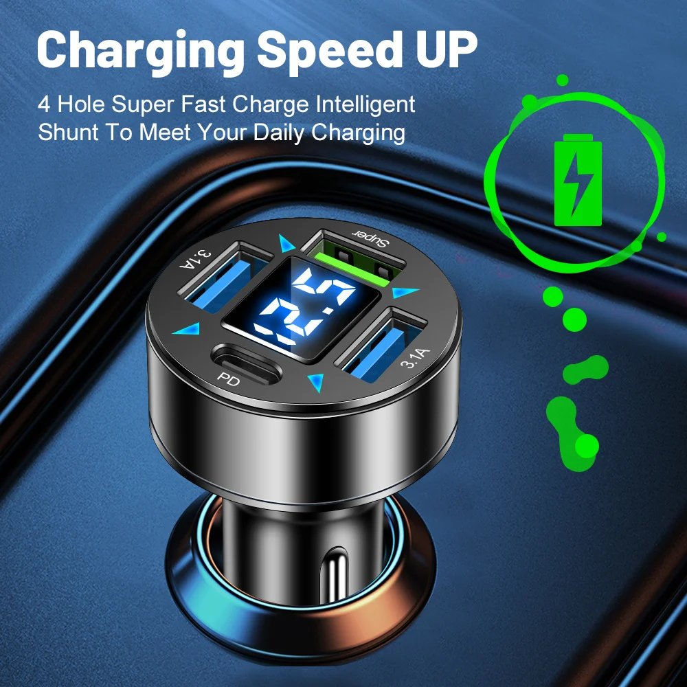 3usb+pd Multi Port Digital Display Car Fast Charging Multifunctional One To Four Qc3.0 Car ...