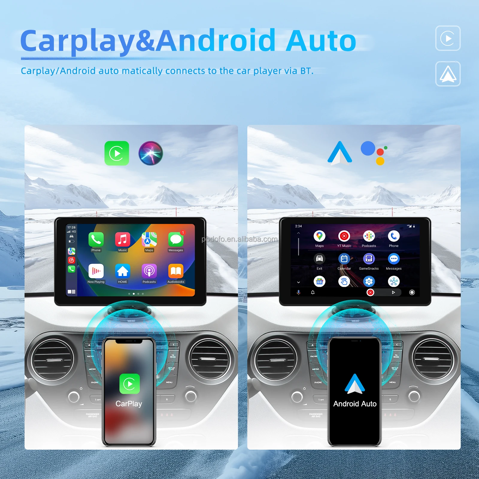 Podofo 7'' Portable Wireless Carplay & Android Auto Display With Fm ...