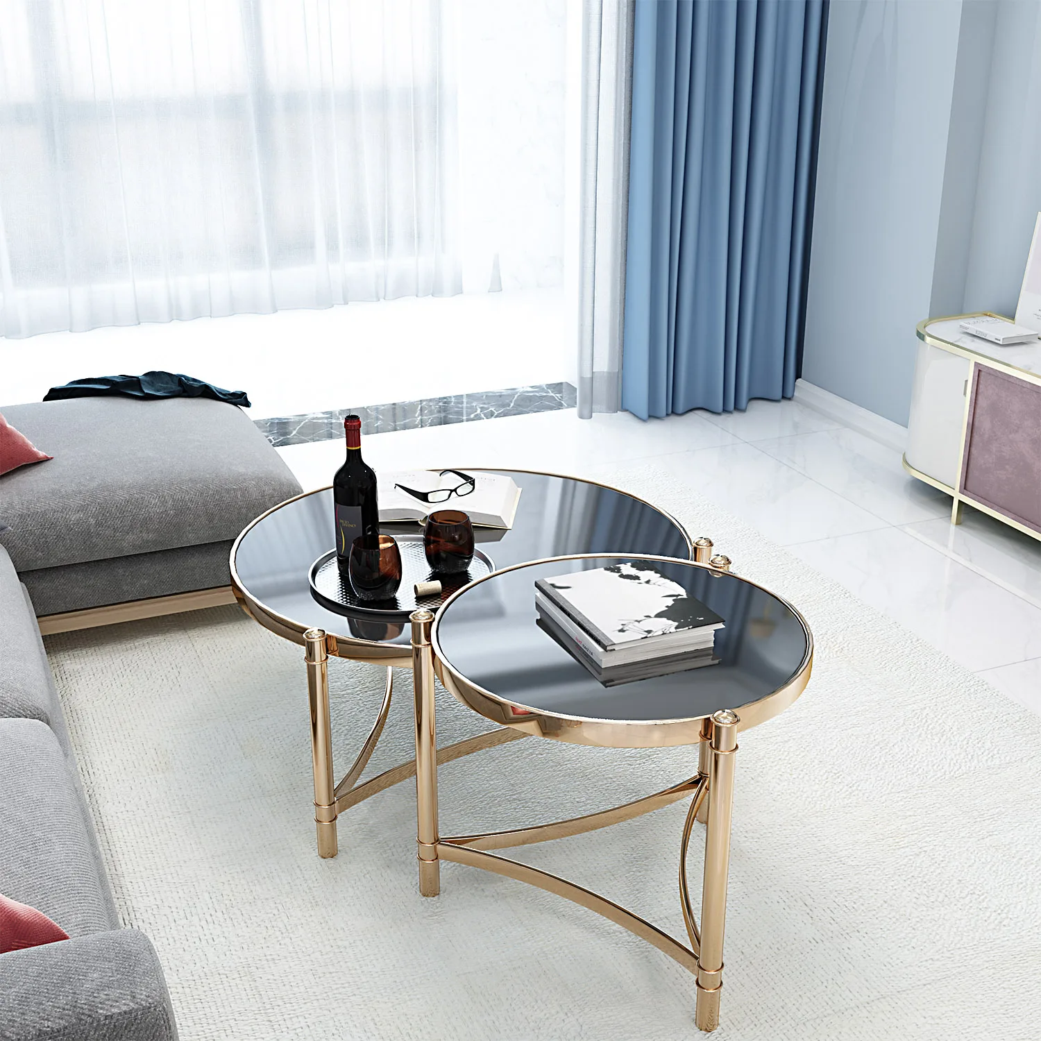 Cheap Round Coffee Table Set Of 2 Glass Top Wood Modern Small Black ...